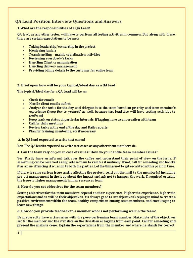 QA Lead Position Interview Questions and Answers | PDF | Software ...