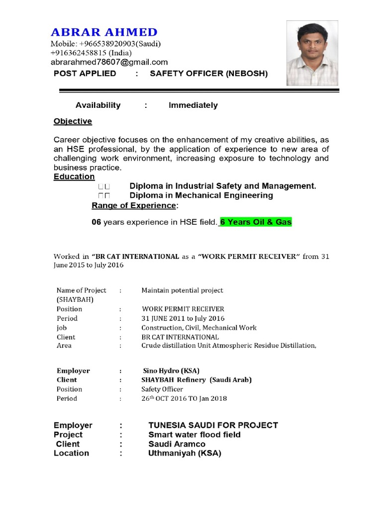 Abrar Ahmed Hse-Officer-Cv | PDF | Occupational Safety And Health | Safety