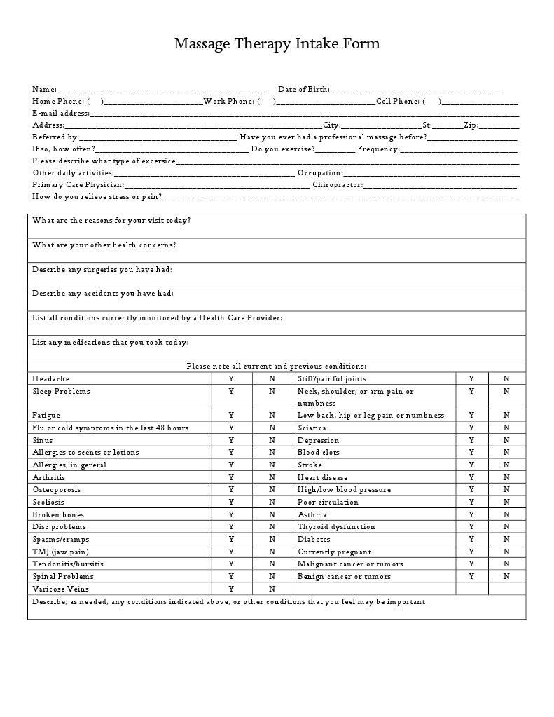 MassageTherapy IntakeForm | PDF | Therapy | Medical Diagnosis