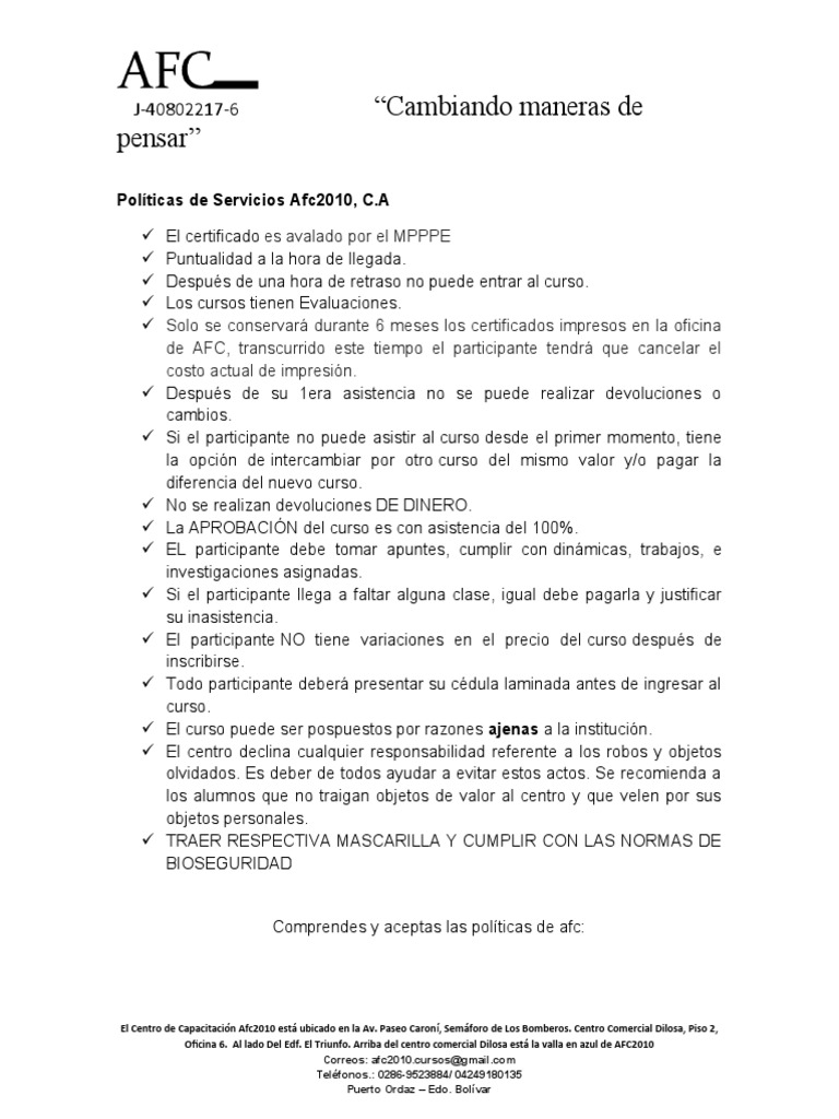 Planilla de Inscripción y Politicas Afc | PDF