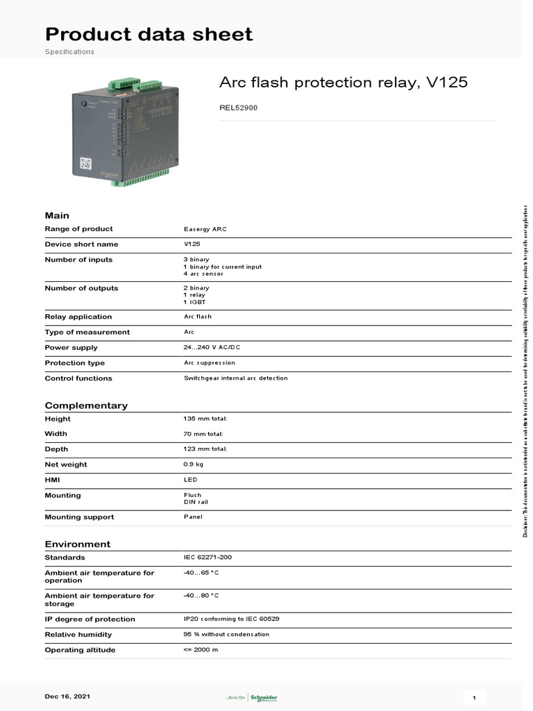 V125 Arc Flash Protection Relay Data | PDF