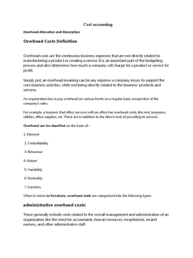Understanding Overhead Costs: Classification, Allocation, and ...