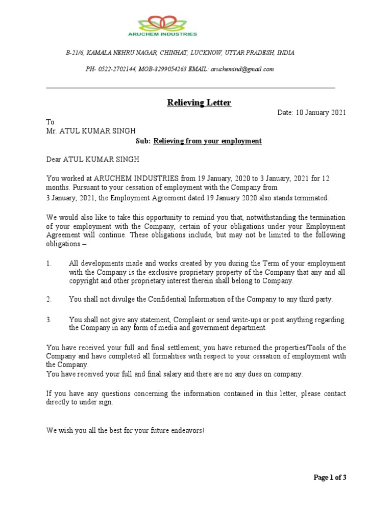 Releaving Letter ATUL KUMAR SINGH | PDF | Non Disclosure Agreement ...