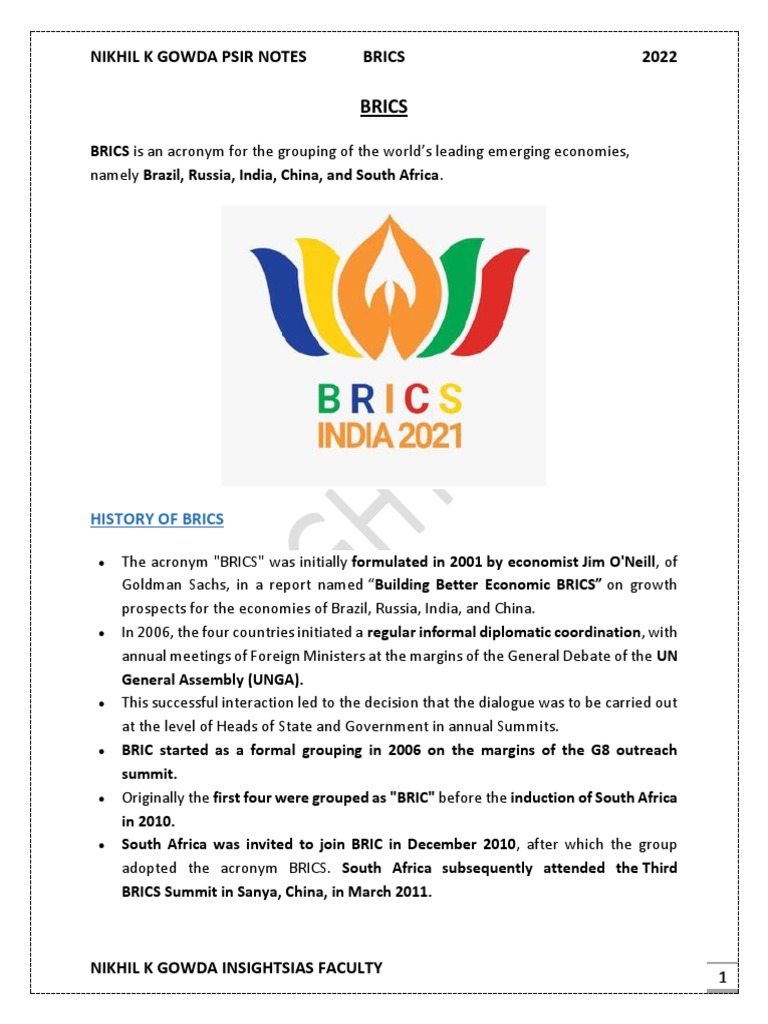 Brics: Nikhil K Gowda Psir Notes Brics 2022 | PDF | Bric | Global Politics
