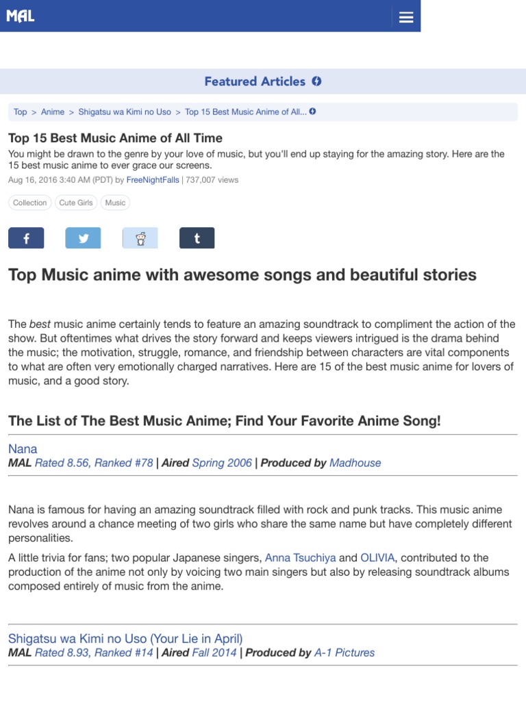 Top 15 Best Music Anime of All Time | PDF | Anime | Entertainment