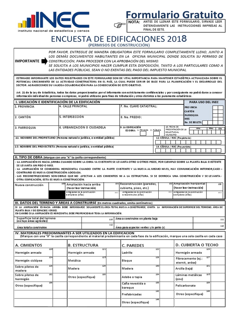 Formulario Edificaciones 2018 INEC | PDF | Fundación (Ingeniería) | Bancos