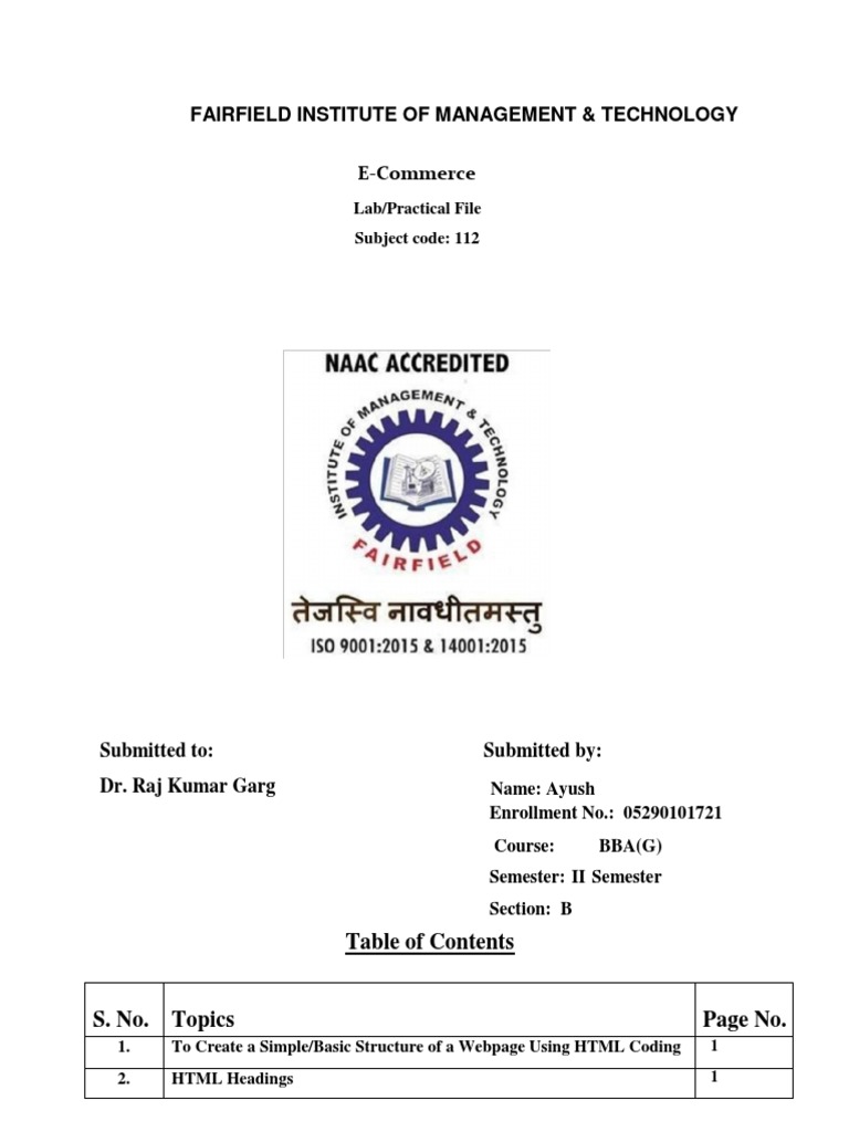 Fairfield Institute of Management & Technology E-Commerce: Lab/Practical File Subject Code: 112 ...