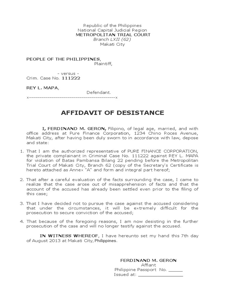Affidavit of Desistance 2 | PDF | Affidavit | Prosecutor