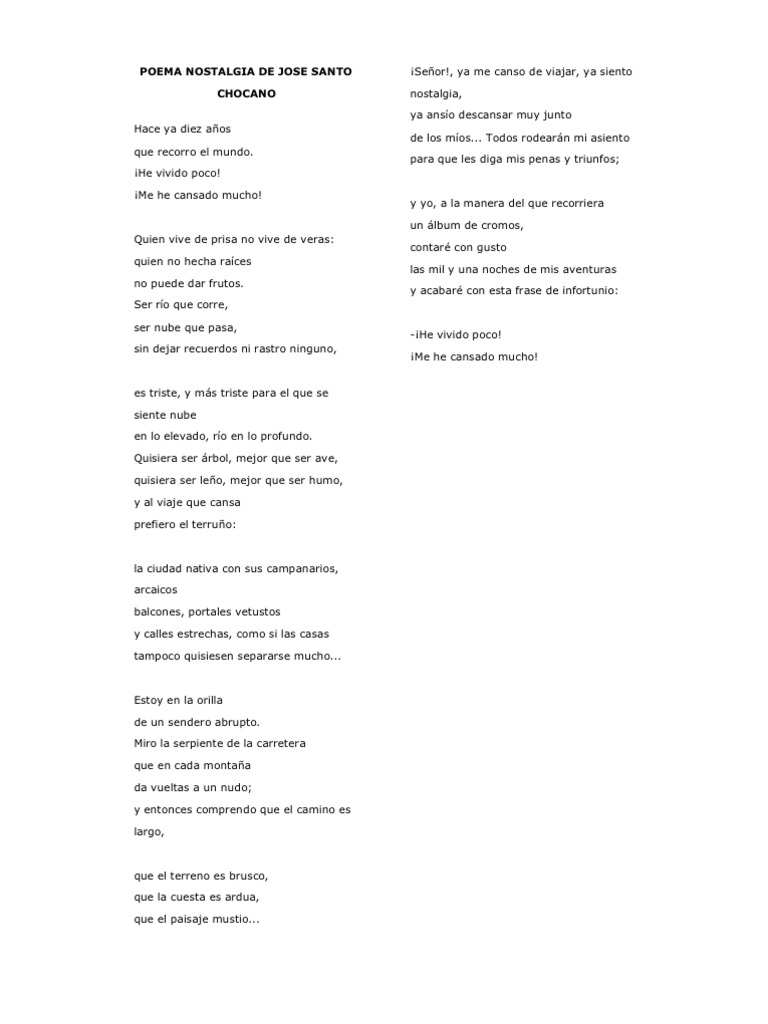 Poema Nostalgia de Jose Santo Chocano | PDF