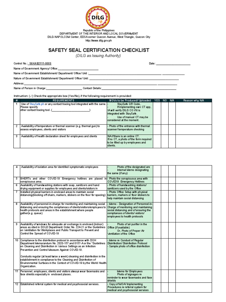 Safety Seal Certification Checklist: (DILG As Issuing Authority) | PDF ... Safety Seal Certification Checklist: (DILG As Issuing Authority) | PDF ...