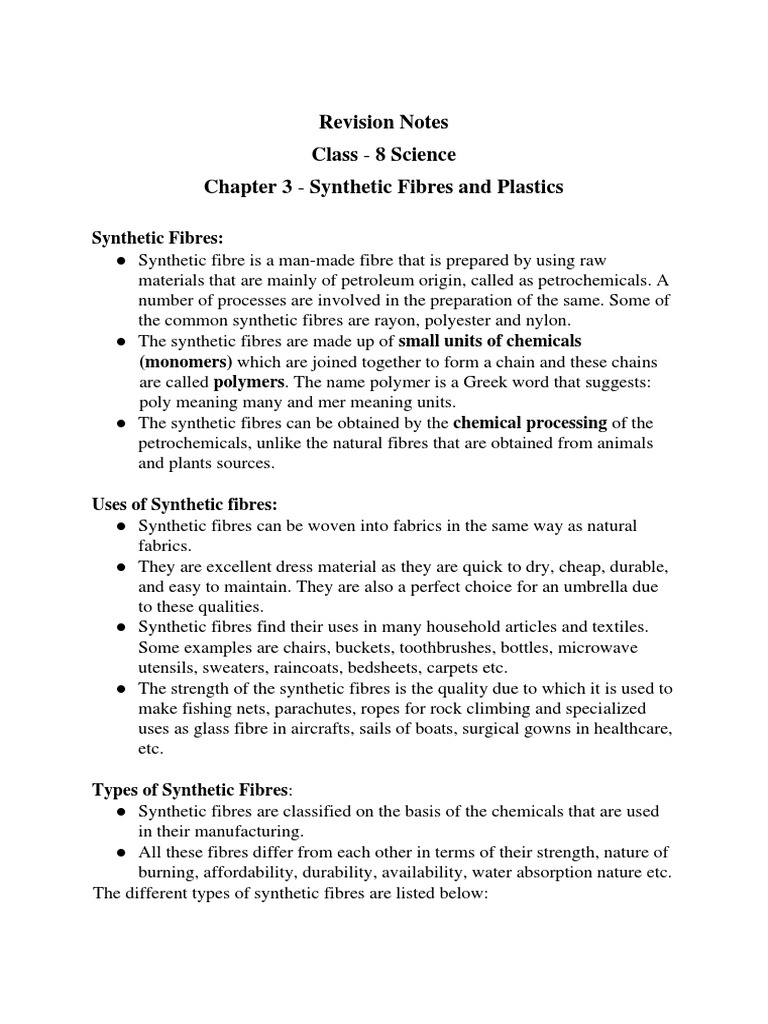 Revision Notes Class - 8 Science Chapter 3 - Synthetic Fibres and ...