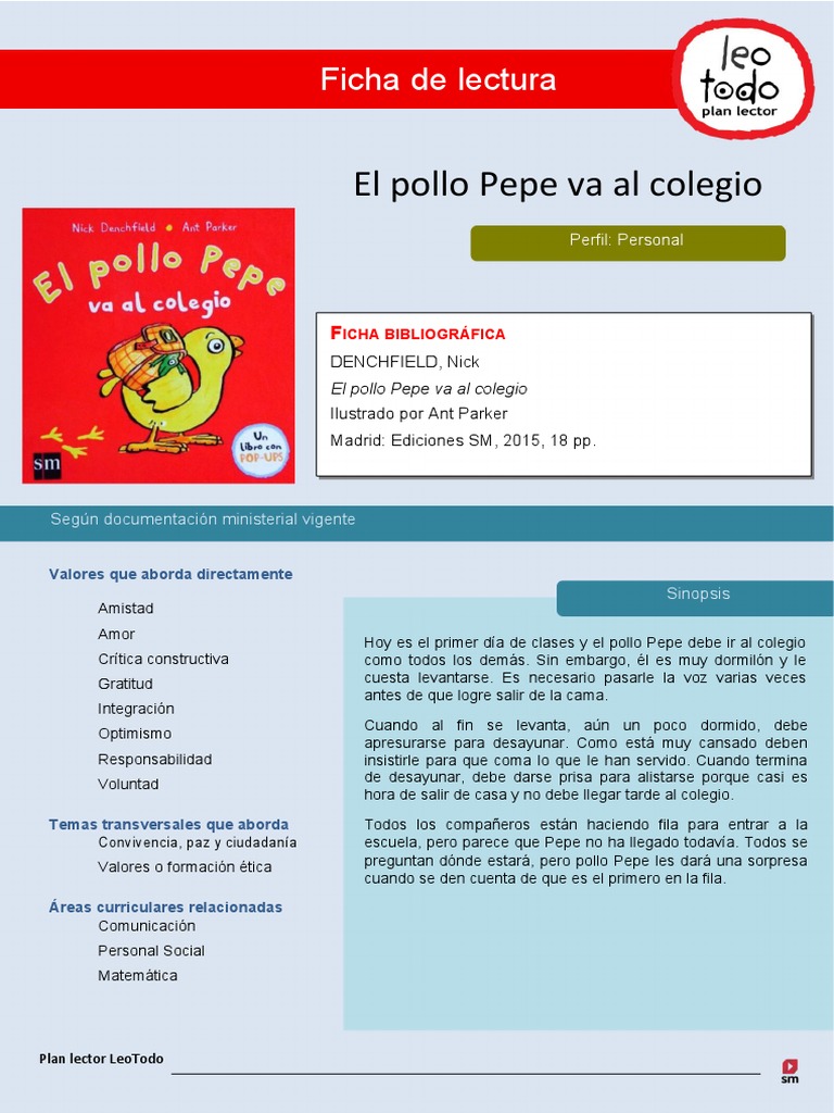 El Pollo Pepe va al Colegio: Ficha de Lectura | PDF