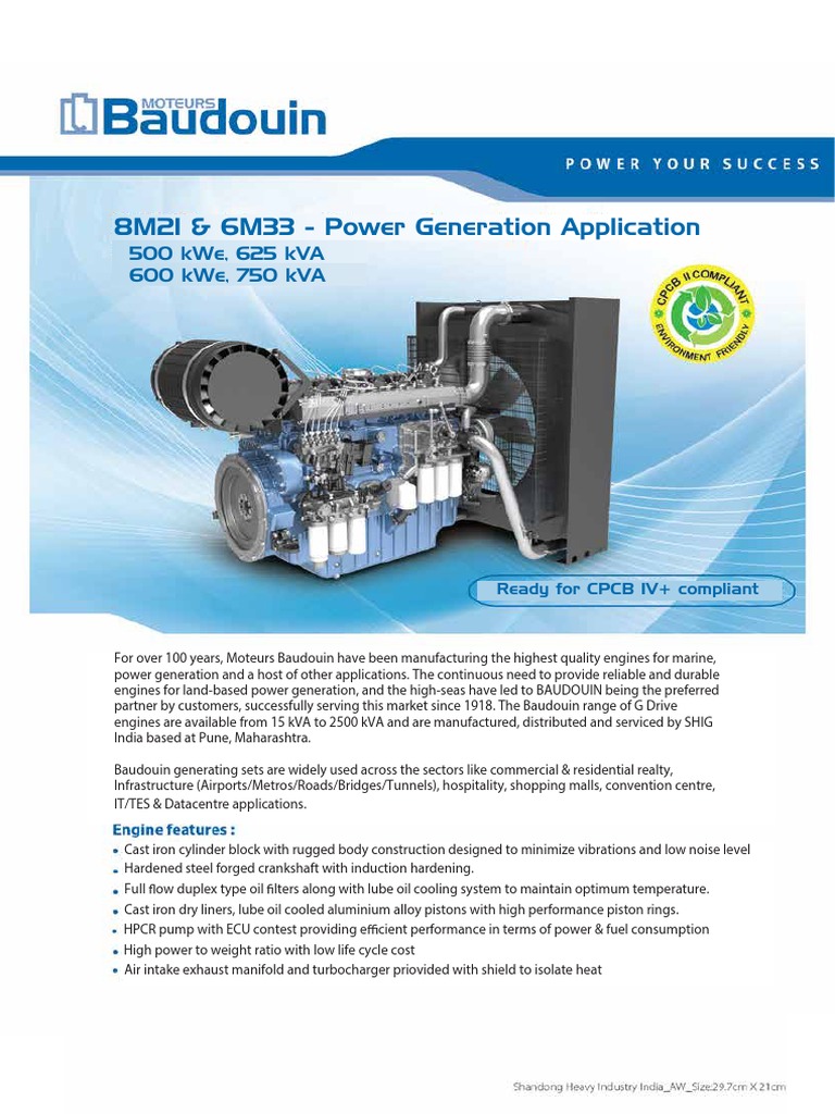 Reliable Power Generation: Baudouin 8M21 & 6M33 Engine Specifications for 500/600 kWe and 625/ ...