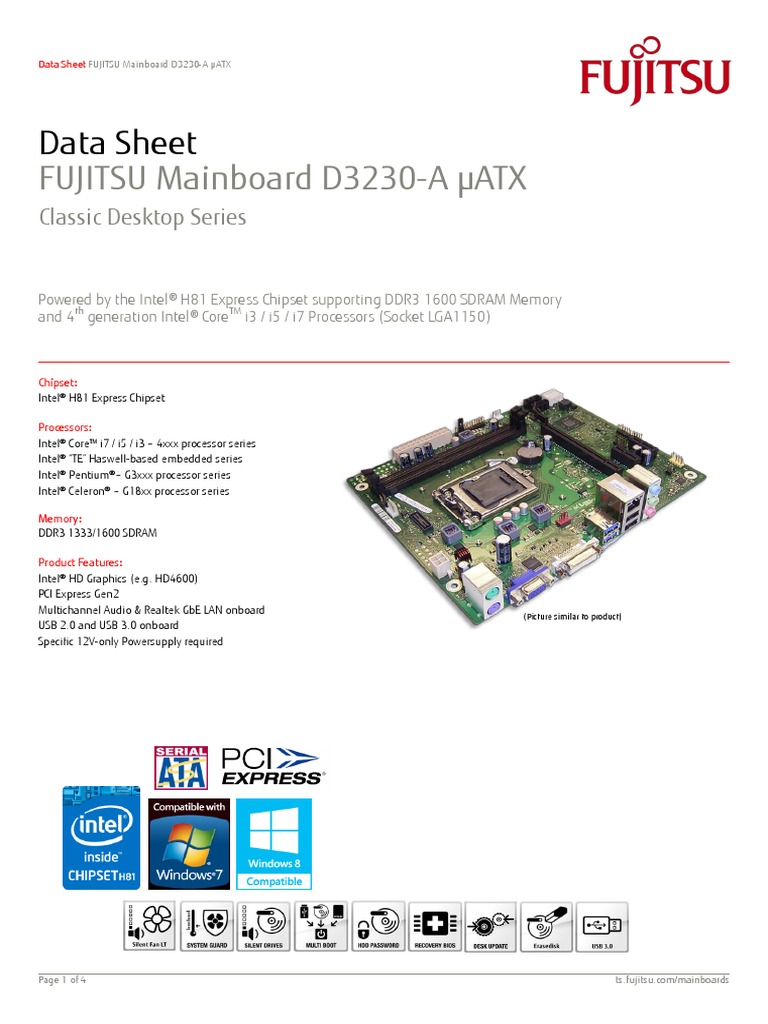FUJITSU Mainboard D3230-A ATX: Data Sheet | PDF | Bios | Usb