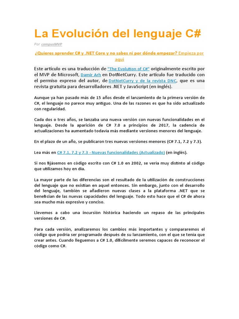 C# (Evolucion y Versiones) | PDF | C Sharp (lenguaje de programación ...