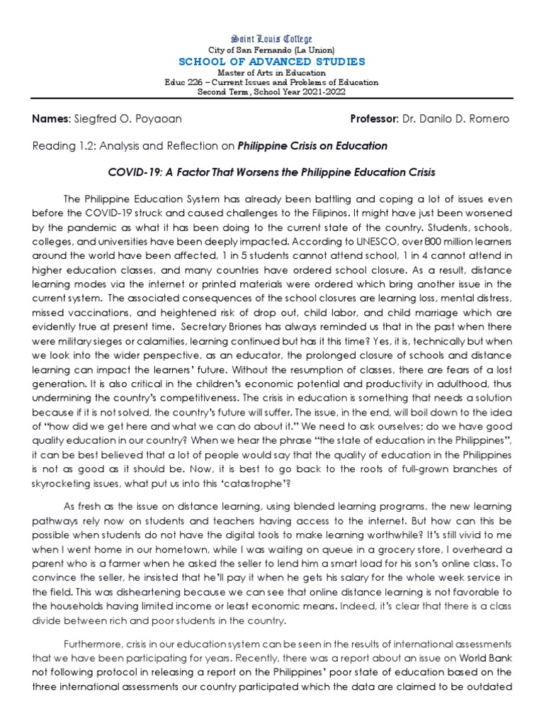 READING 1.2 Philippine Education in Crisis | PDF