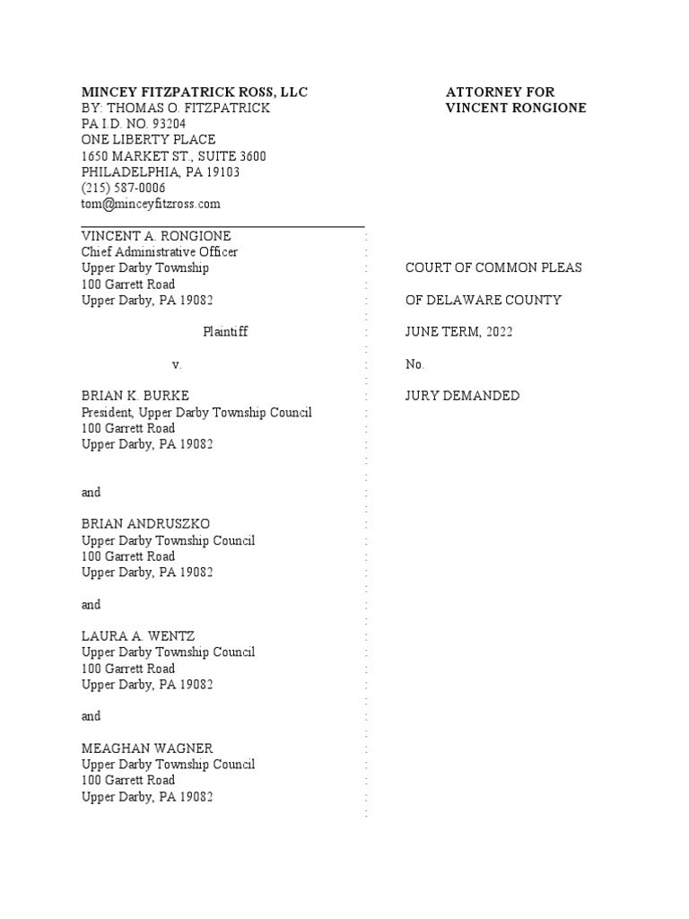 Chief Administrative Officer Vincent Rongione's Legal Complaint Against ...