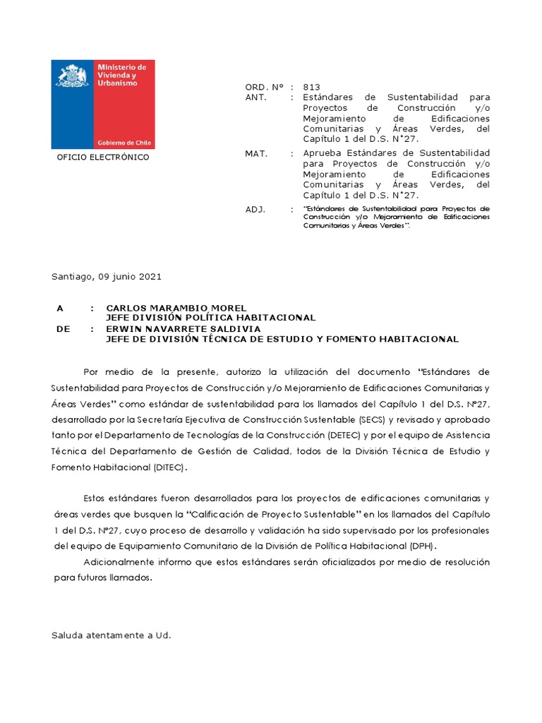 Ord 813 DITEC Aprueba Estándares de Sustentabilidad para CAP 1 DS27 | PDF | Sustentabilidad ...