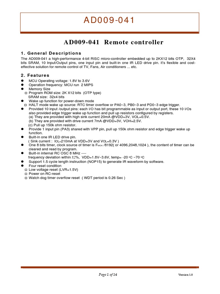 AD009-041 Remote Controller: 1. General Descriptions | PDF | Microcontroller | Input/Output