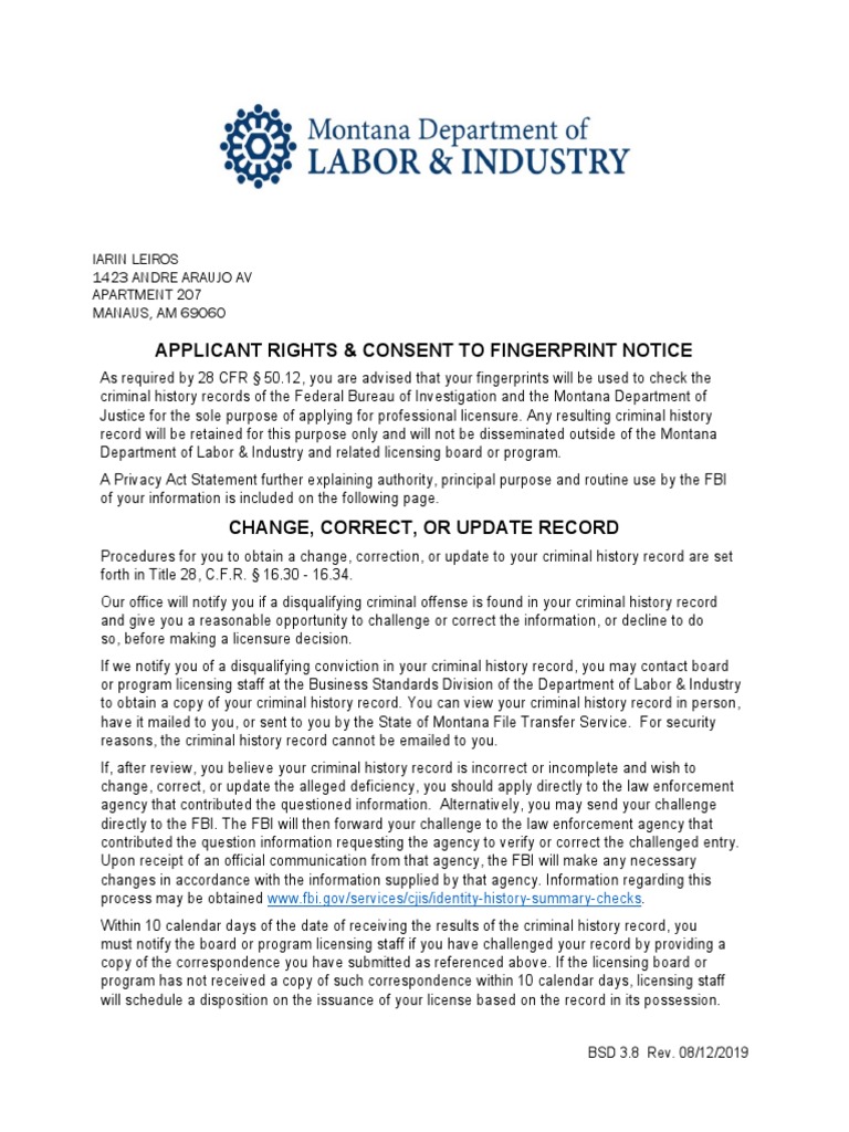 Consent to Fingerprint for Licensure | PDF | Criminal Record | Federal ...