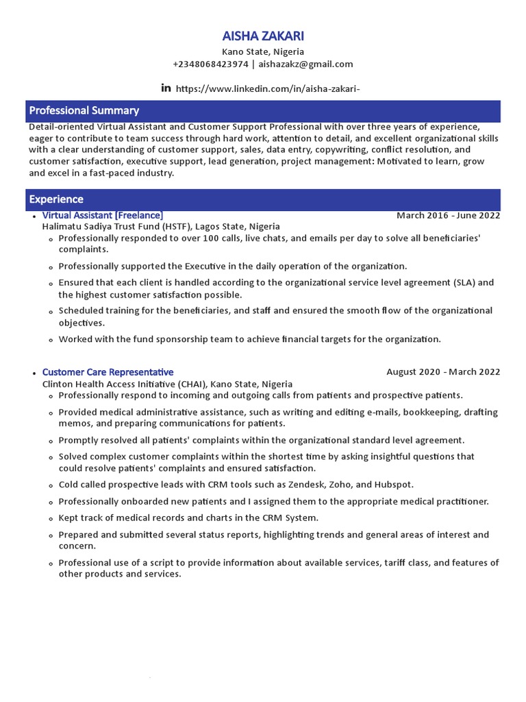 Aisha Zakari Cv. Updated | PDF | Customer Relationship Management ...