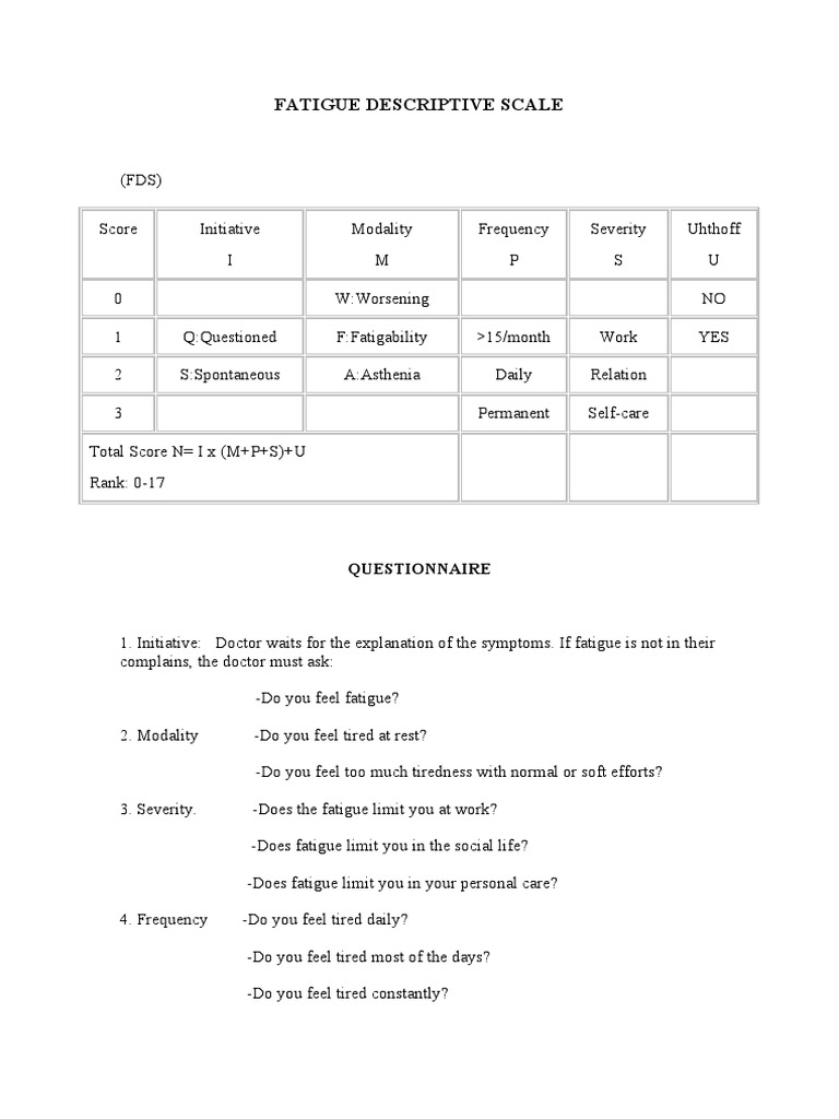 Fatigue Descriptive Scale Overview | PDF | Physiology | Neurological ...