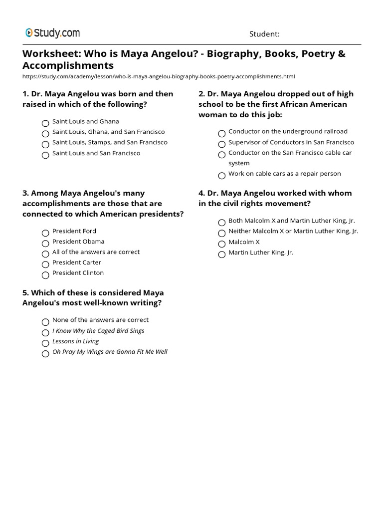 Worksheet: Who Is Maya Angelou? - Biography, Books, Poetry ...