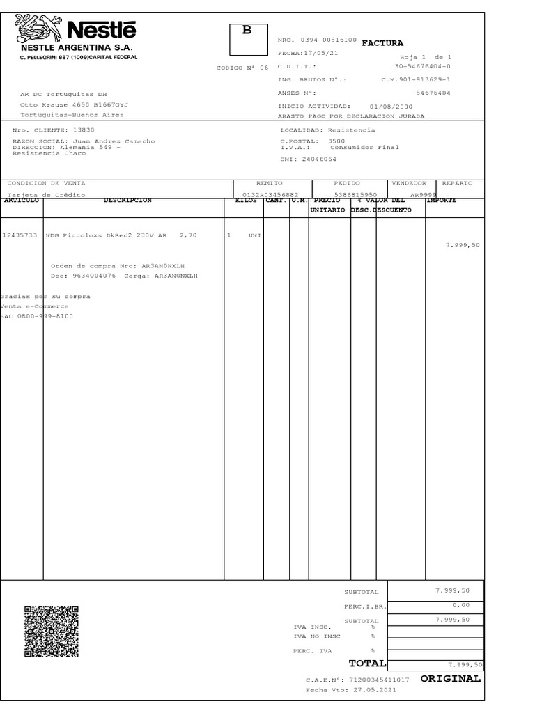 Nestle - Ecommerce - INVOICE - AR - 20210517 FACTURA DOLCE GUSTO | PDF | Marketing | Business