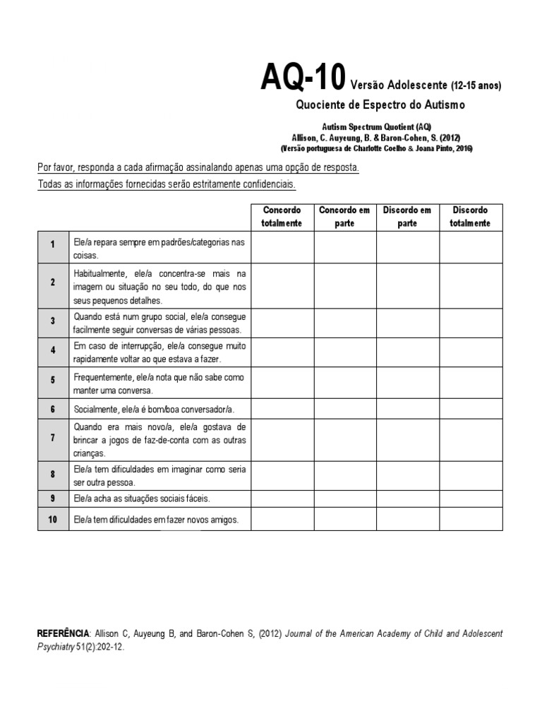 Questionário TEA (Versão Adolescente 12-15 Anos) | PDF