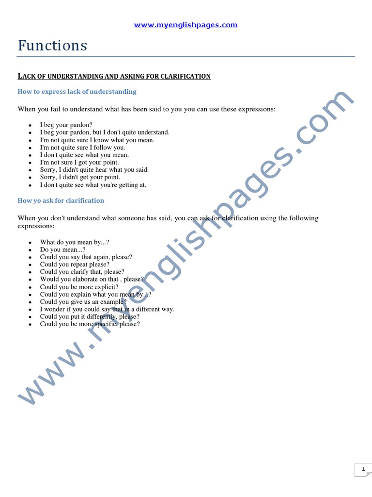 Functions Lack of Understanding Clarification | PDF | Language Arts ...