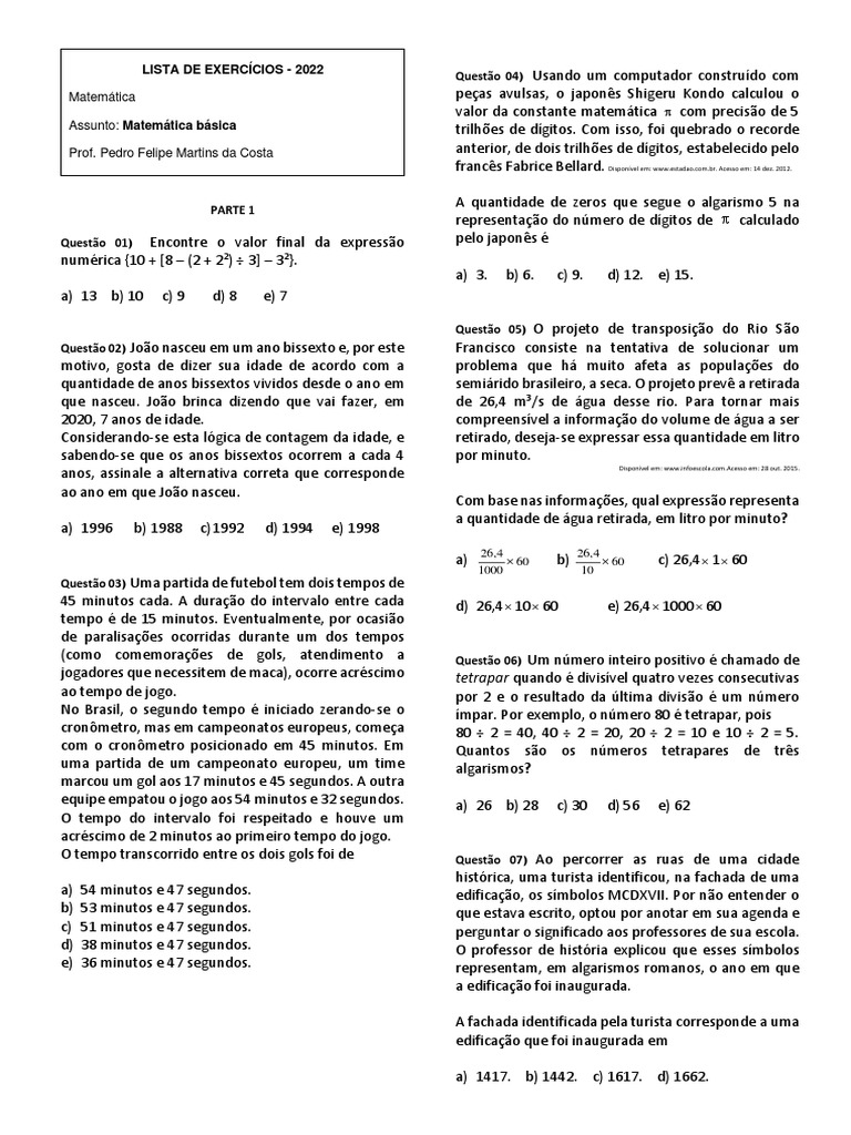 Lista de exercícios de matemática básica com questões sobre números ...