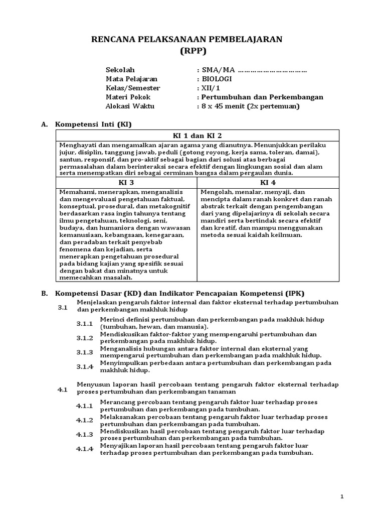 RPP 1 Pertumbuhan Dan Perkembangan Kelas Xii | PDF