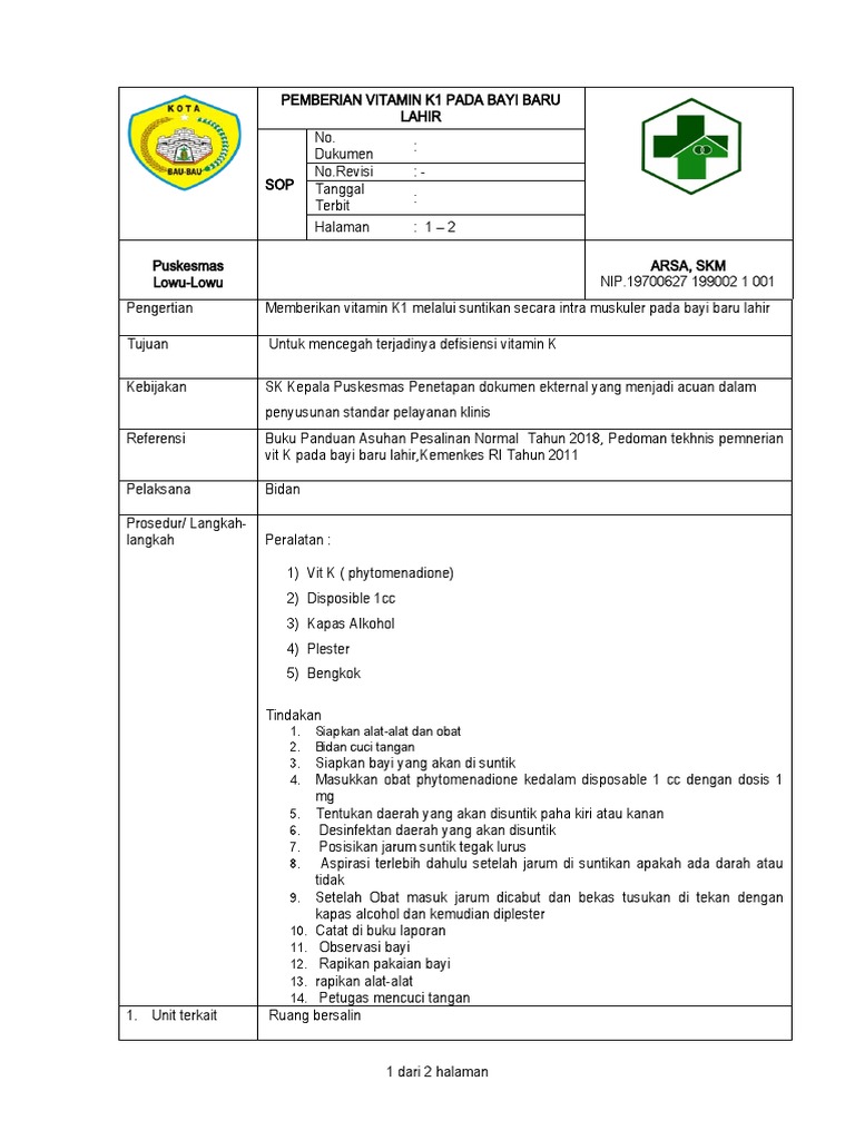 Sop Pemberian Vitamin K Pada Bayi Baru Lahir | PDF