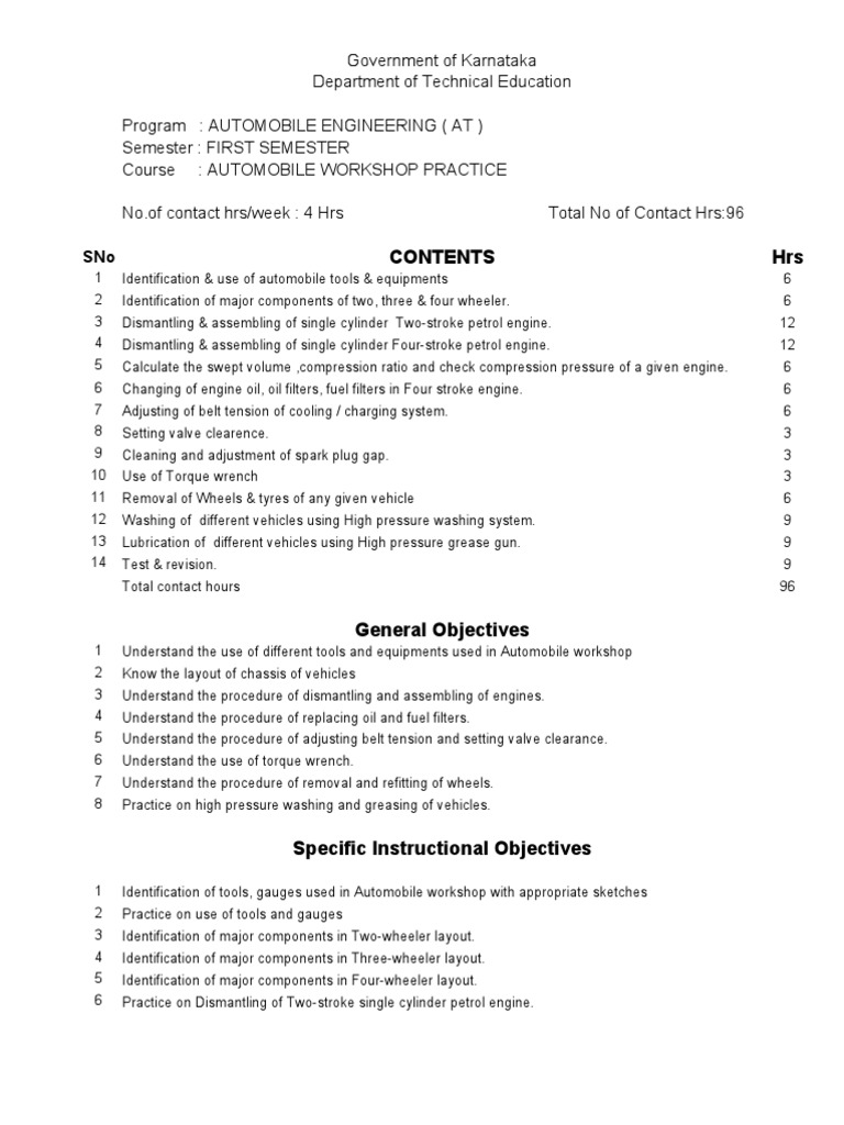 Automobile Workshop Practice Overview | PDF | Technology & Engineering