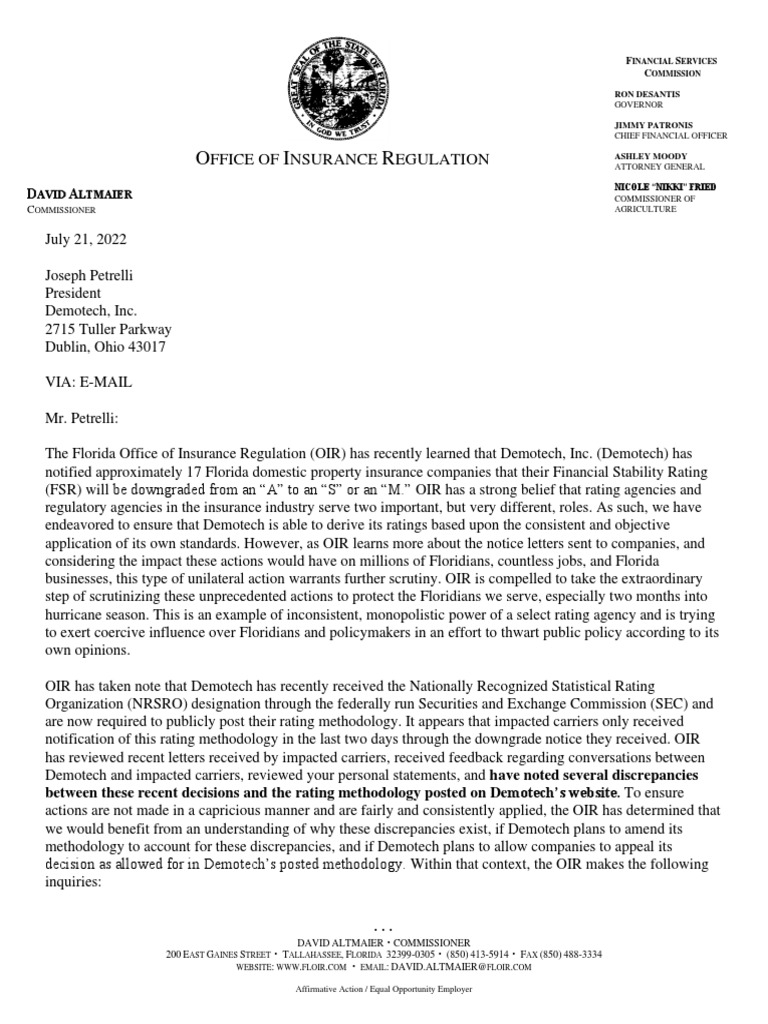 7.21.22 Letter To Demotech | PDF | Insurance | Credit Rating Agency