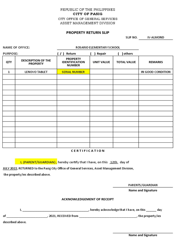 Property Return Slip for Schools | PDF