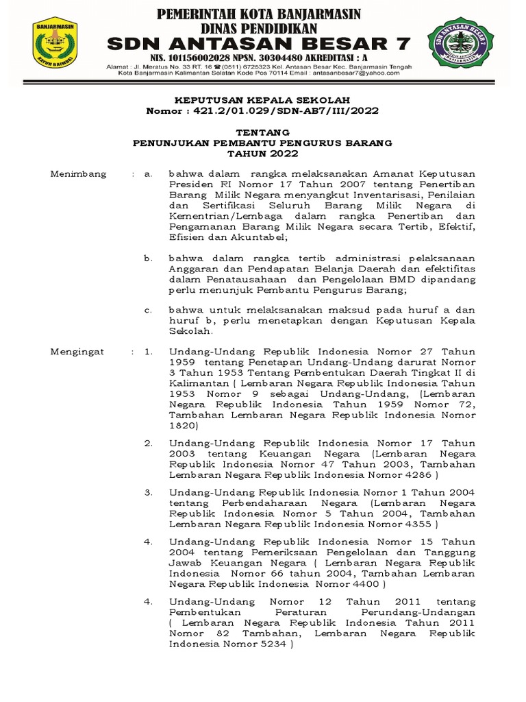 Contoh SK Pengurus Barang Sekolah 2021 | PDF