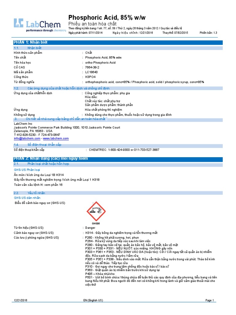 NCC - MSDS - Acid Phosphoric - VN | PDF