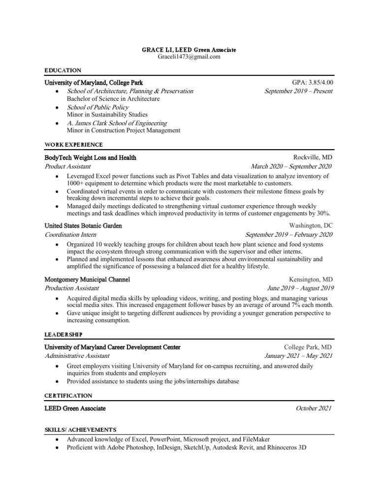 Grace Li Resume 1 | PDF | Sustainability | Microsoft Excel