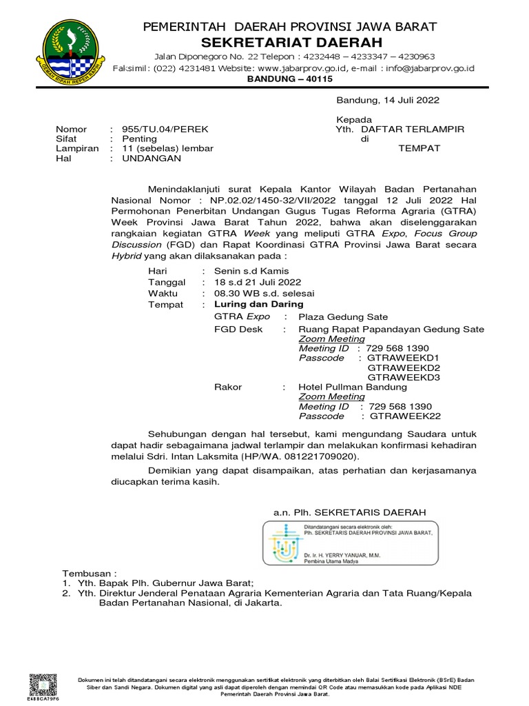 01 Surat Sekda Jabar GTRA Week | PDF