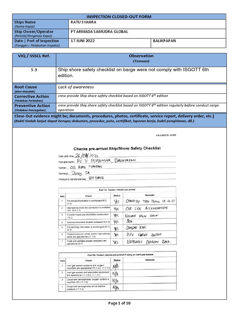 5.9 Ship Shore Safety Checklist (Close) Revisi 2 | PDF | Shipping ...