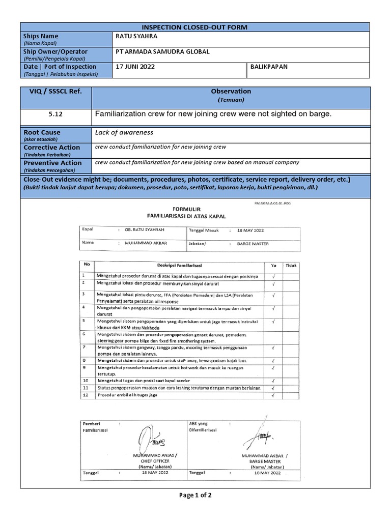 5.12 Familiarization Crew For New Joining Crew Were Not Sighted On ...