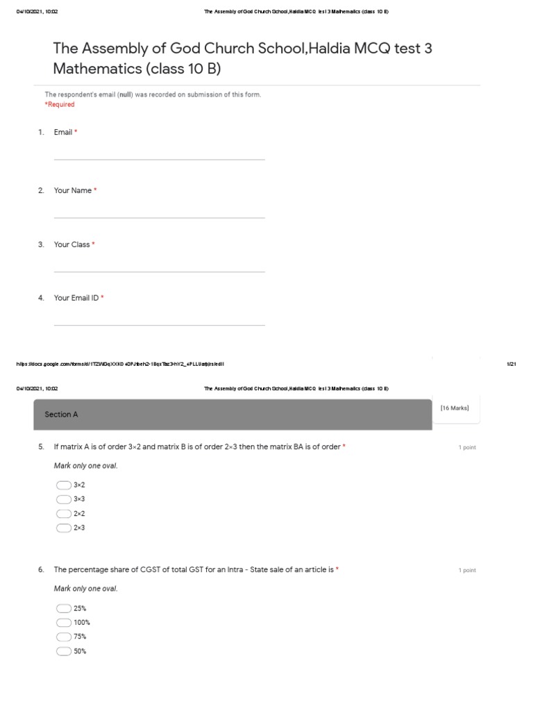 MCQ Test 3 Mathematics (Class 10) - Google Forms | PDF | Factorization ...