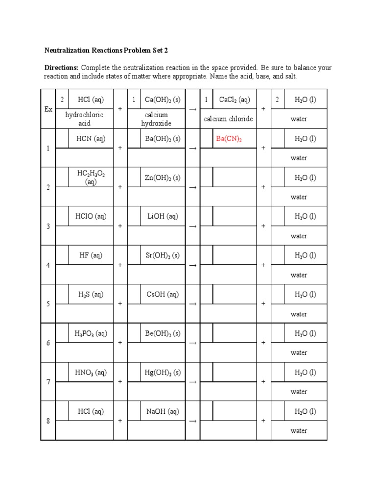 02 Neutralization Reactions Problem Set 2 | PDF | Hydrochloric Acid ...