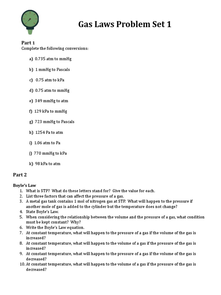 Gas Laws Problem Set 1 | Descargar gratis PDF | Gases | Temperature