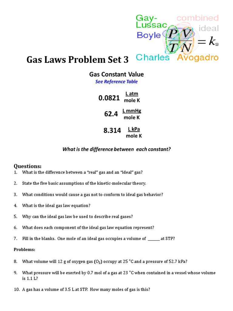 Gas Laws Problem Set 3 Ideal | PDF