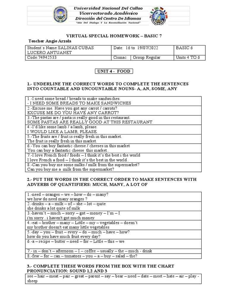 Virtual Special Homework Units 4 To 6 Basic 7 June 2022 | PDF | Cuisine ...