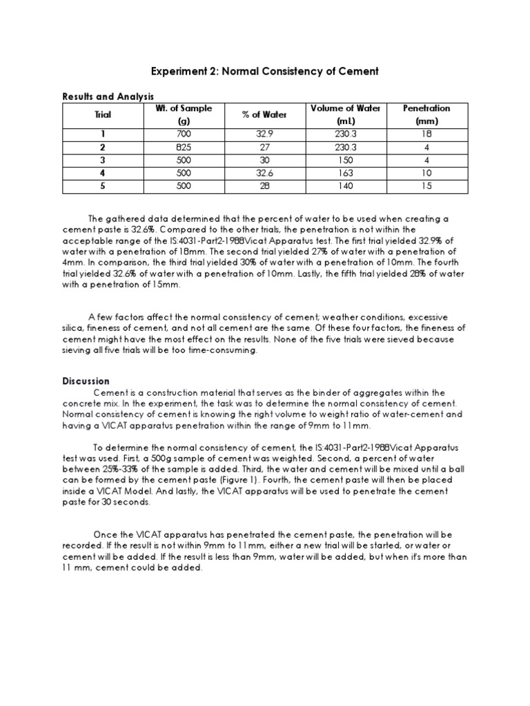 Experiment 2: Normal Consistency of Cement: Results and Analysis | PDF ...