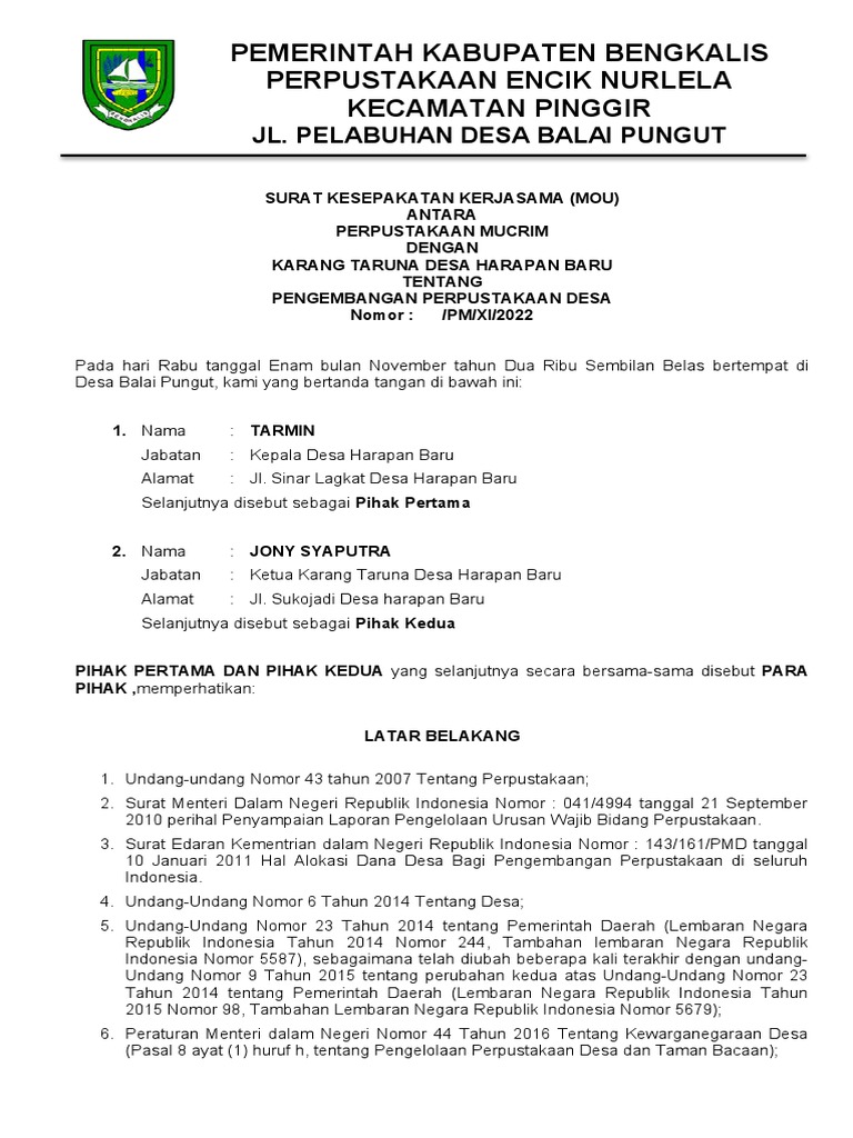 MOU Pengembangan Perpustakaan Desa | PDF