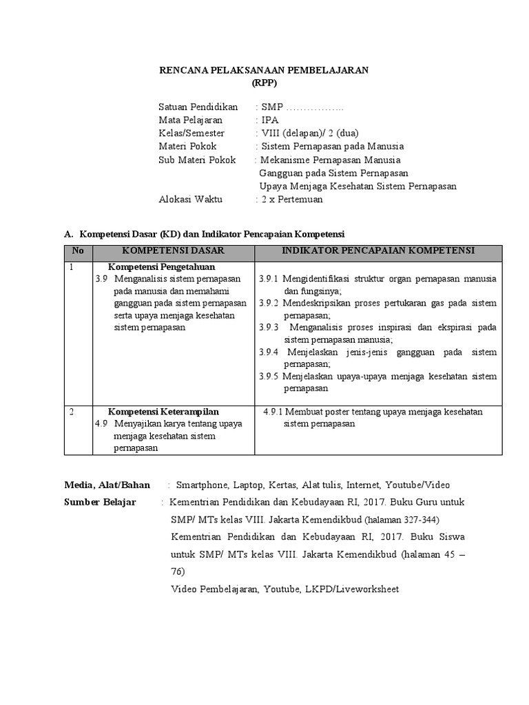 RPP Litnum Kelas 8 Sistem Pernapasan | PDF